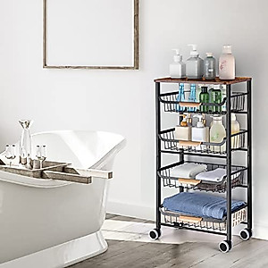 Kitchen Storage Rolling Cart, Kitchen Cart with Lockable Wheels, 5 Tier Metal Wire Basket Shelf Rolling Storage Cart with Wooden Handle, Wood Cover Top Kitchen Island Cart for Home, Office