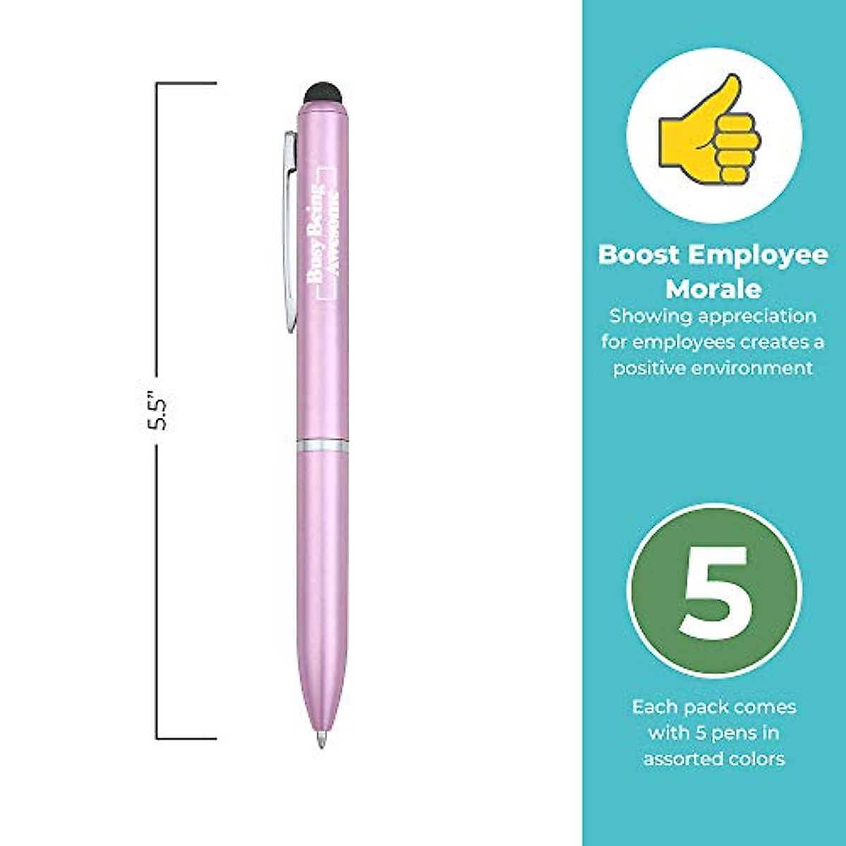 Cheersville 5 Pack Pastel Pens with Stylus Tip - Assorted Designs Motivational Quotes - Ballpoint Black Ink Fine Point 0.5mm, Assorted Designs School Office Home Onboarding Employee Gifts