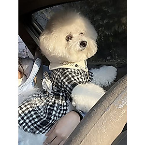 QWINEE 3pcs Dog Dress & Flower Bow & Necklace Set Geometric Princess Dress with Flower Bow Deco Puppy Skirt with Pearls Jewelry Necklace for Small Medium Cats Dogs Kitten Black and White XS