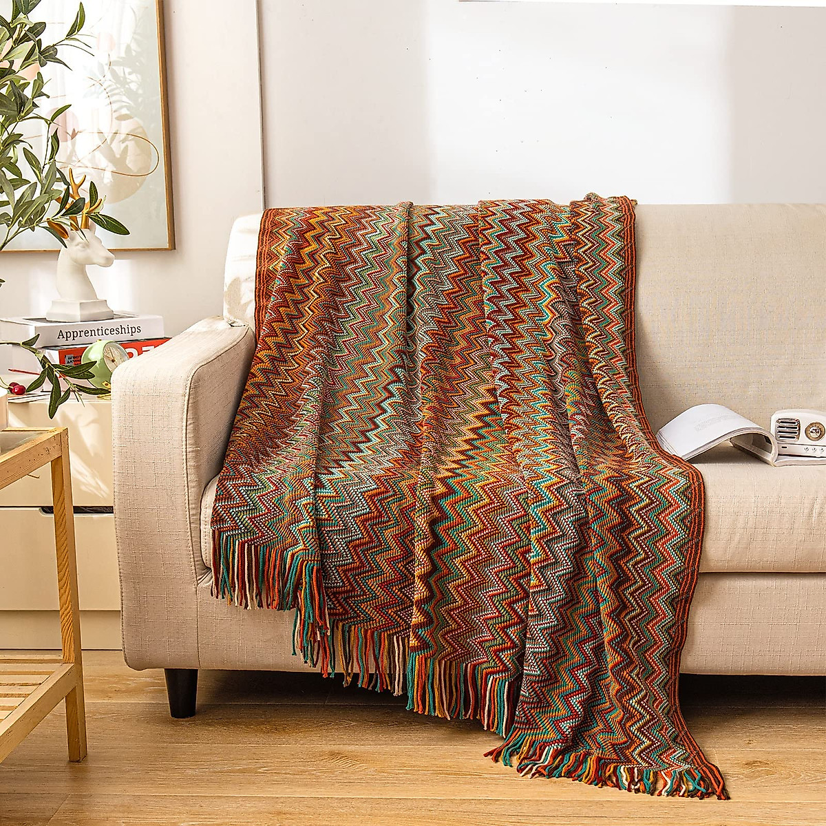 lifein Boho Throw Blanket for Couch - Soft Knitted Farmhouse Bed Throw, Cozy Knit Small Lightweight Blankets&Throws with Tassel for Woman,Home Decor,Bed,Chair,Sofa,Gift,Summer(Bohemia Red,50 * 60")