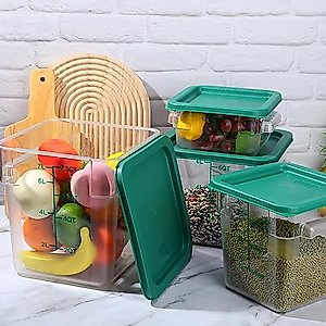 Kigley 4 Pcs Food Storage Containers with Lids Set 2 Qt 4 Qt 6 Qt 7.5 Qt Clear Square Commercial Food Storage Container with Scale Handle for Home Restaurant Kitchen Food Prep(Green)