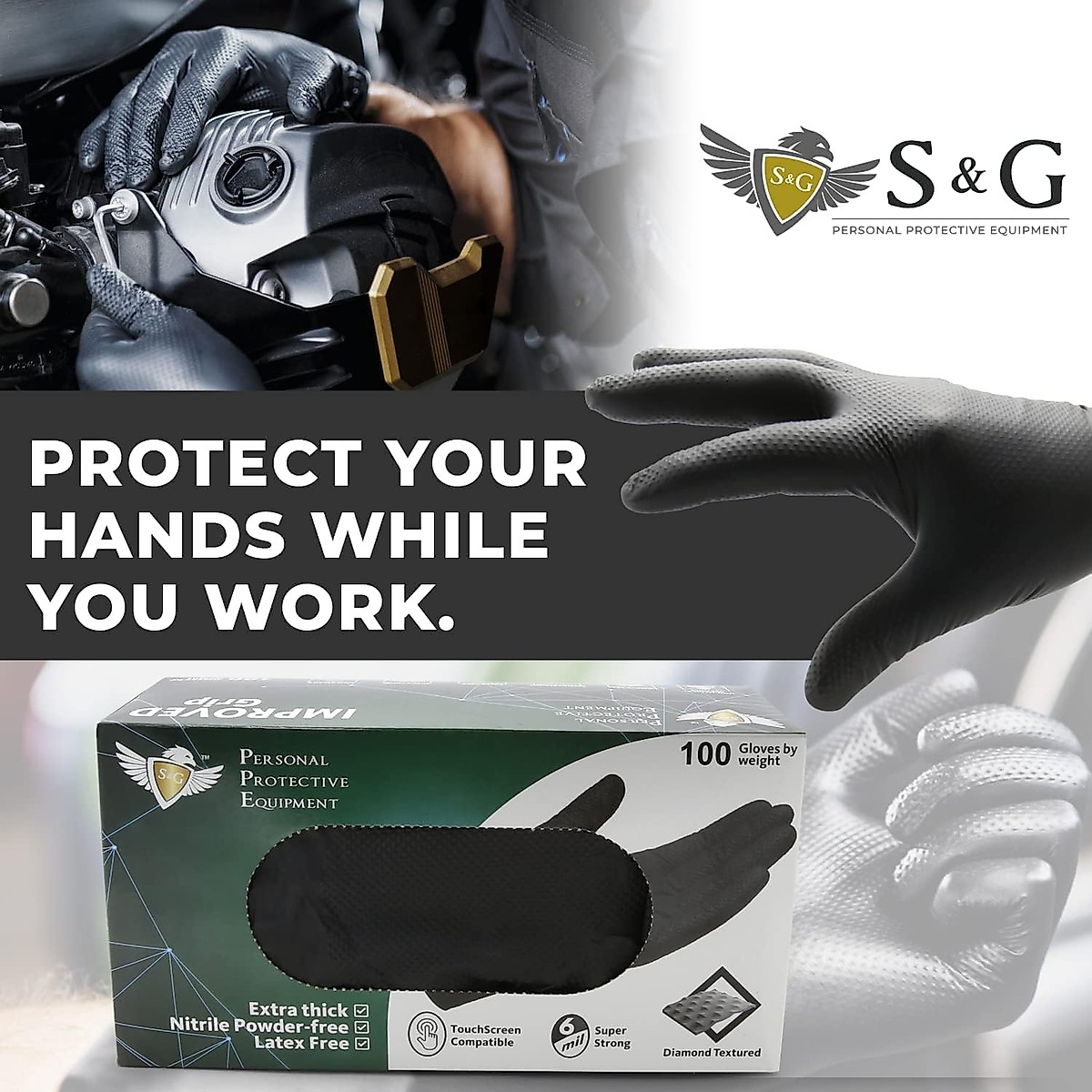 S&G Black Nitrile Gloves Heavy-Duty Latex & Powder Free - For Cleaning, Construction, Mechanic, Food Prep | 6 Mil - 1000 | Large