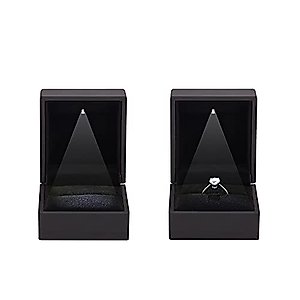 2 Pieces Ring Earring Gift Box with LED light, Elegant Velvet Ring Case Jewelry Display for Proposal, Engagement, Wedding, Gift (Black)
