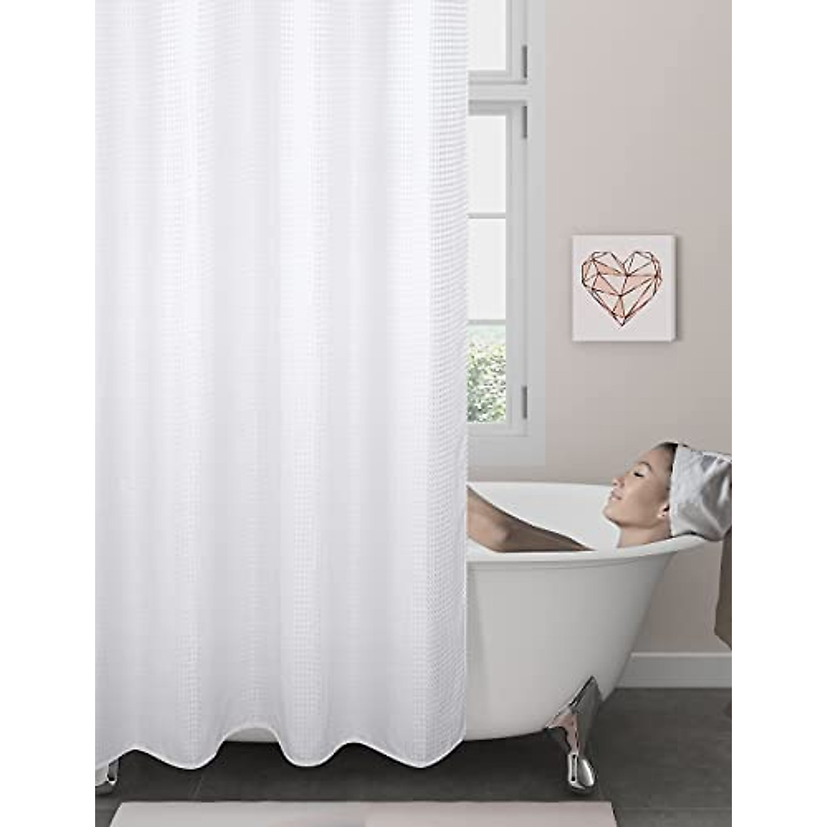 SUMGAR No Hook Shower Curtain Extral Long 71" x 86" White Waffle Weave Textured Fabric Cloth Hotel Luxury Simple Elegant Shower Curtains Set with Snap in Liner for Modern Farmhouse Bathroom