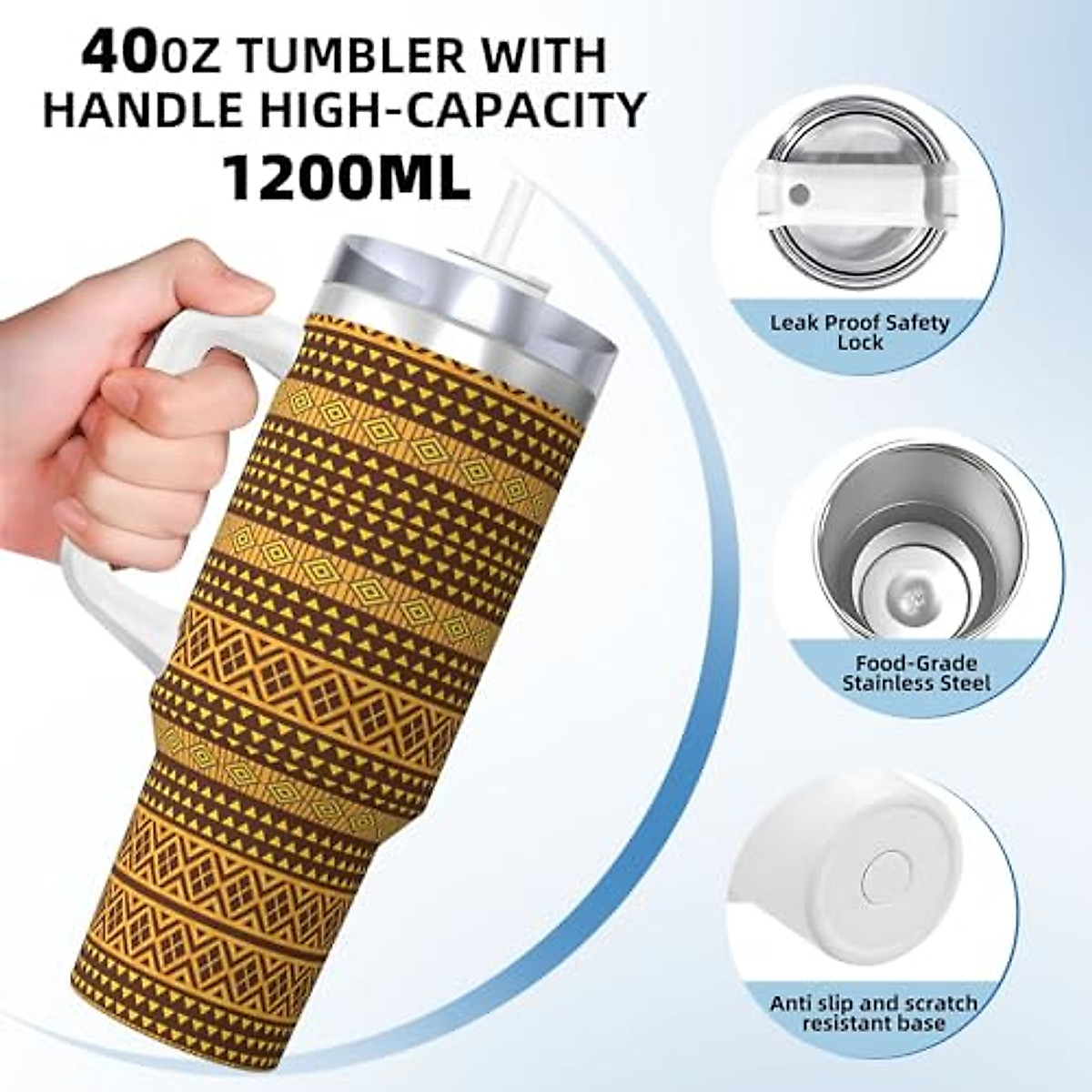 HULIBIN Yellow and Brown Triangles Print Double Deck Stainless Steel Travel Coffee Cup With Lid 40 Oz Ice Bully Cup