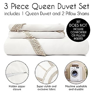Sweet Jojo Designs Ivory Boho Chic Sun Boy Girl Unisex Queen Duvet Cover Bedding Set Full Size Bed Comforter Case Shams 3pc Off White Cotton Bohemian Farmhouse Shabby Southwestern Beige Tassel Fringe