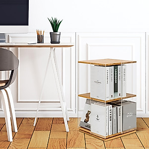 Qriocioa Rotating Bookshelf, 360° Display Spinning Bookshelf, Corner Bookcases with Clear Acrylic & Solid Wood, 2-Tier Floor Standing Bookcase Narrow Shelf Book Organizer Storage Rack for Bedroom