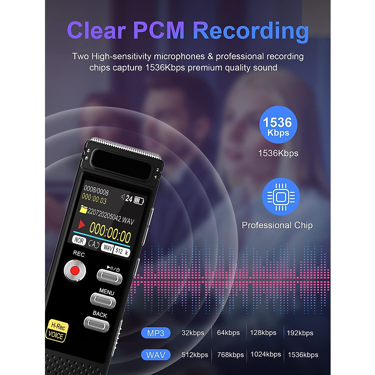 48GB Digital Voice Recorder:Voice Activated Recorder with Playback,1536KBPS Digital Audio Recorder with Build-in Microphones,Noise Reduction and 32GB TF Card for Lectures Meetings,Interviews