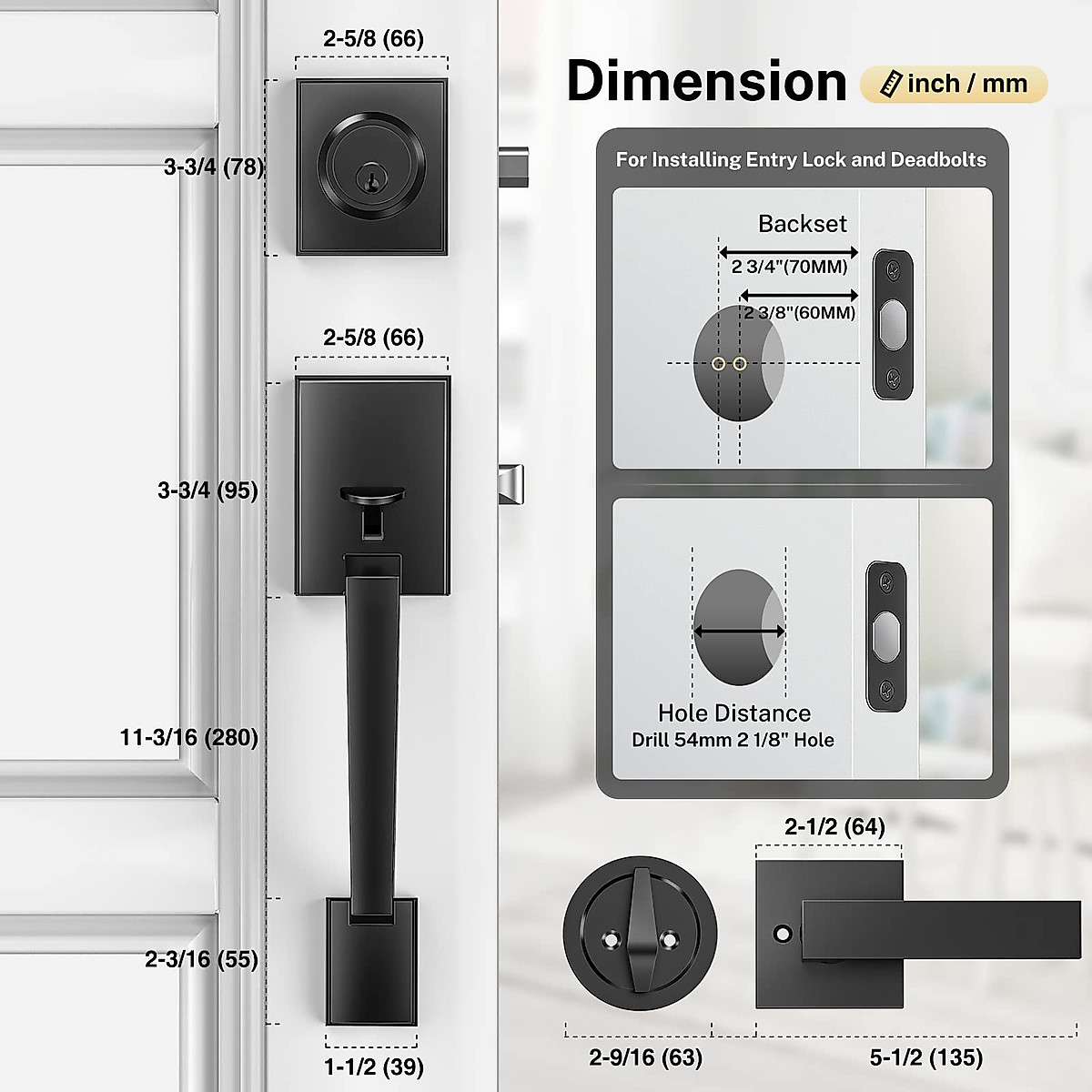 Brightify Black Front Door Handle, Matte Black Exterior Door Handle with Door Lever, Modern Front Door Lock Set, Adjustable Deadbolt with Single Cylinder, Reversible for Right&Left