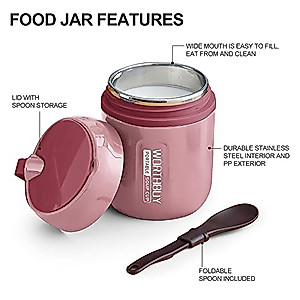 WORTHBUY Leak Proof Thermal Insulated Food Jar with Foldable Spoon, Lunch Containers Soup Cup for Kids and Adult, 16oz Capacity - Pink