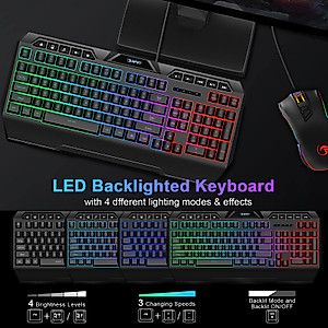 NPET K31 Gaming Keyboard, Wired LED Backlit Computer Keyboard with 10 Dedicated Multimedia Keys, USB Ergonomic Wrist Rest Mechanical Feeling Keyboard for Windows/Desktop/Computer/PC