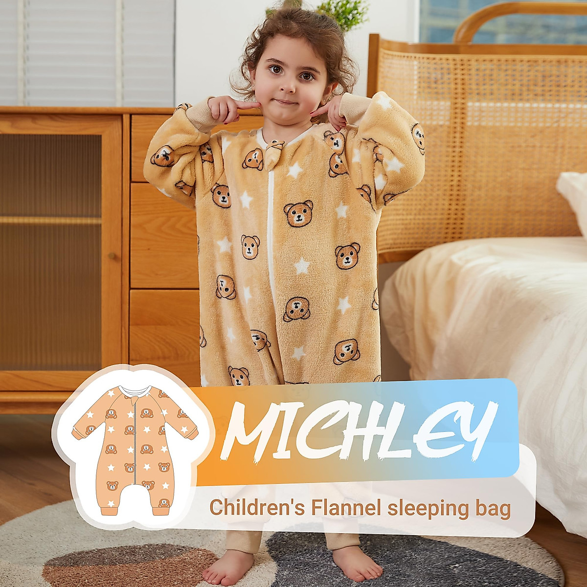 MICHLEY Flannel Baby Sleeping Bag Unisex Pajamas, Long Sleeve Zipper Wearable Sleeping Sack for Autumn Winter Boys Girls,Brownbear,18-24months, Size 90
