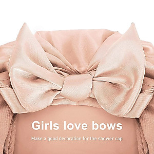 Auban Extra Large Shower Cap, Bowknot Double Layer Reusable Bath Hair Caps With Silky Satin for Women Beauty Bathing, Hair Spa, Home Hotel Travel Use (Beige)