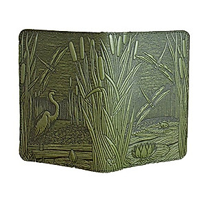 Oberon Design Dragonfly Pond Pocket Notebook Cover, Fits Many 5.5 x 3.5 Inch Notebooks, Embossed Genuine Leather, Fern Color, Made in the USA