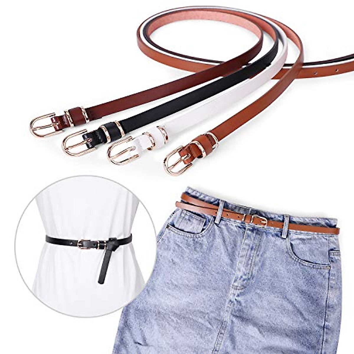 SANSTHS Set of 4 Womens Thin Belts Skinny Leather Belt with Gold Alloy Buckle (Black Brown Coffee White, S) ?-
