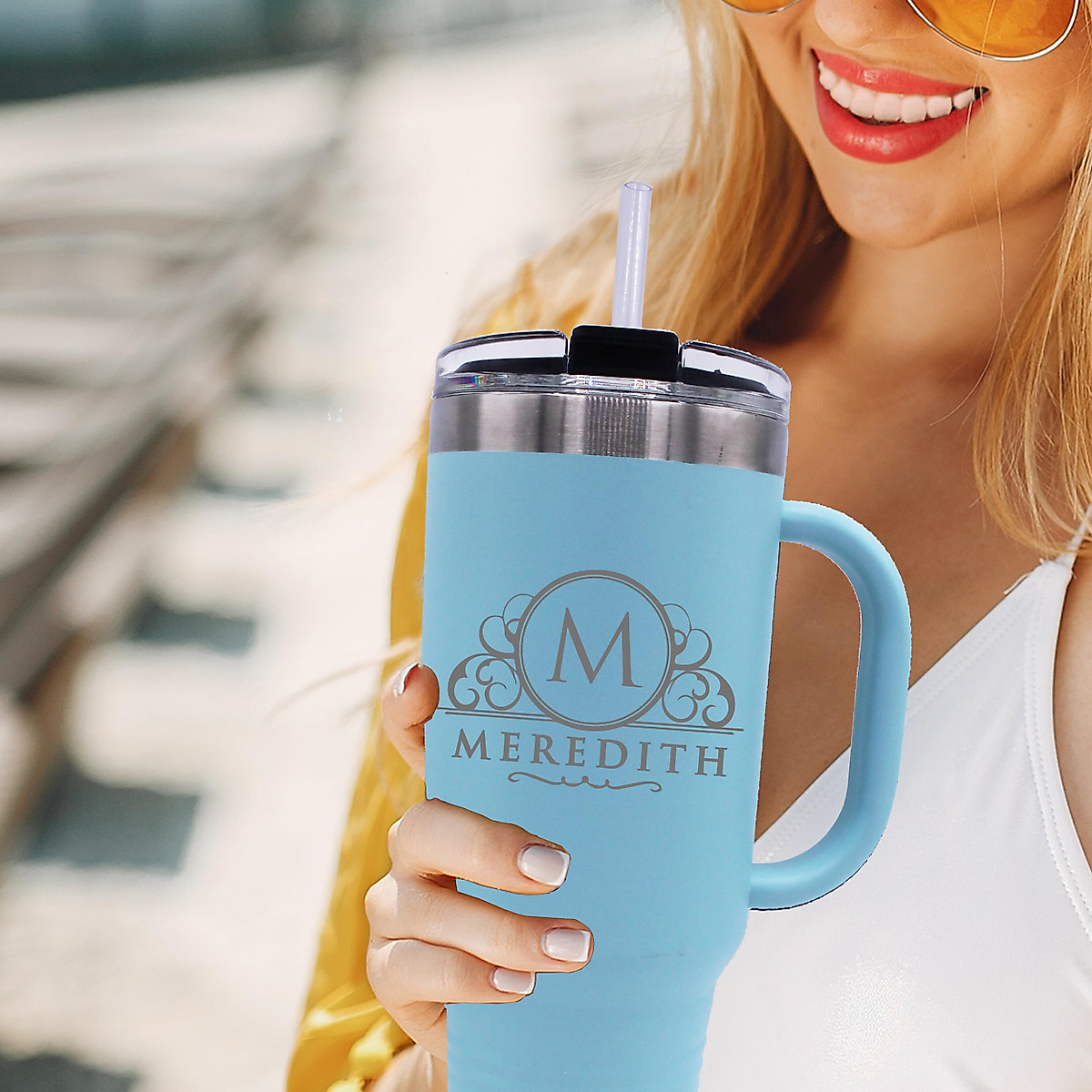 Custom Monogrammed 40 oz Tumbler with Handle, Lid and Straw - Personalized Insulated Stainless Steel Large Cup (Carolina Blue)