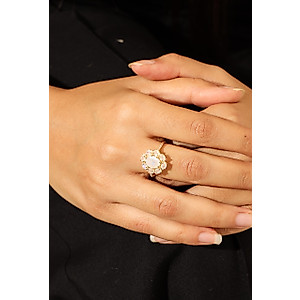 YoTreasure 7x9 MM Rainbow Moonstone & White Topaz 14k Gold Over 925 Silver Ring