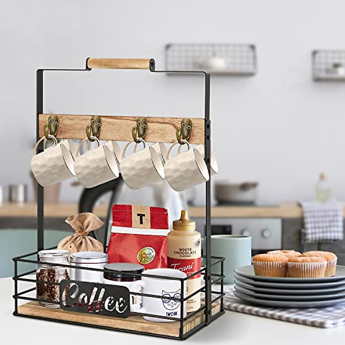 Coffee Mug Holder, Coffee Station Organizer for Countertop with 8 Mug Hooks, Coffee Cup Holder Coffee Mug Rack for Coffee Bar, Coffee Mug Tree Rack with Storage Shelf, Coffee Bar Accessories Organizer