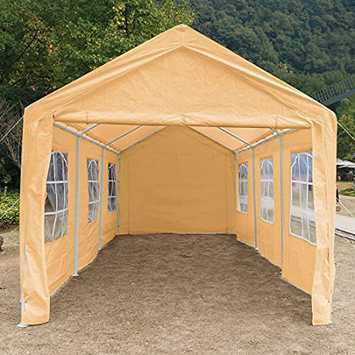 Quictent 10'x20' Heavy Duty Carport Gazebo Canopy Garage Outdoor Car Shelter Beige (with Windows)