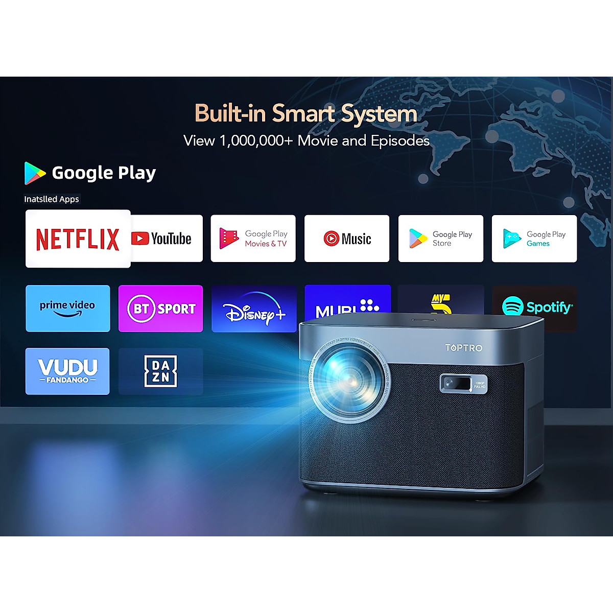 [Auto Focus/Keystone] TOPTRO X7 Android TV Projector with WiFi and Bluetooth, Smart Projector 4K Supported, 600 ANSI, Dust-proof, 50% Zoom, Outdoor Projector with Netflix/YouTube Built-in, 8000+ Apps