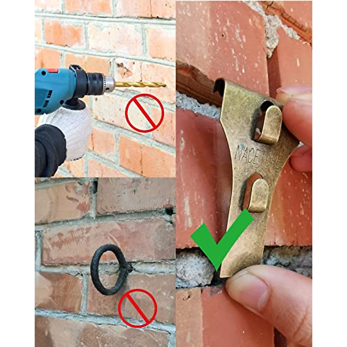 NACETURE Brick Hook Clips (4 Pack) Outdoor Brick Hangers Wall Clips for Hanging - Mounting to Brick Without Drilling, Heavy Duty Metal Hangers for Outside Home Decor, Fits 2-1/4 to 2-2/5 Inch