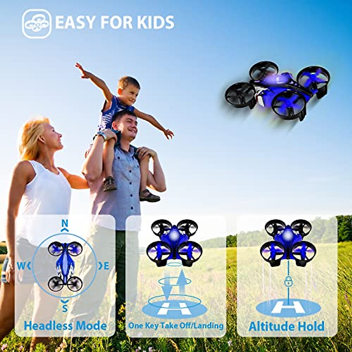 UNTEI 2 In 1 Mini Drone for Kids Remote Control Drone with Land Mode or Fly Mode, LED Lights,Auto Hovering, 3D Flip,Headless Mode and 3 Batteries,Toys Gifts for Boys Girls (Blue)