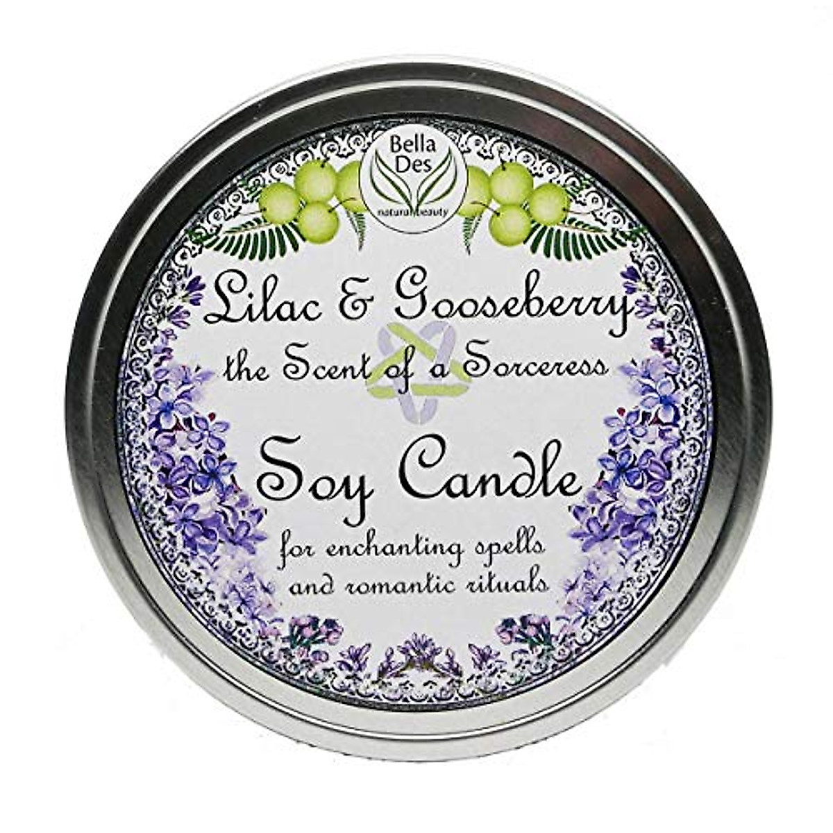 Lilac and Gooseberry Scented Large Soy Candle Tin | 14 ounces Hand Poured | Clean Burning Soy Wax | Yennefer Scent of a Sorceress by Bella Des Natural Beauty