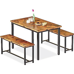 Hooseng Kitchen Table Set with Two Benches, Dining Table Set for 4-6 Persons, Space-Saving 47 Inch Small Kitchen Table Set for Breakfast Nook, Living Room, Apartment, Restaurant, Rustic Brown