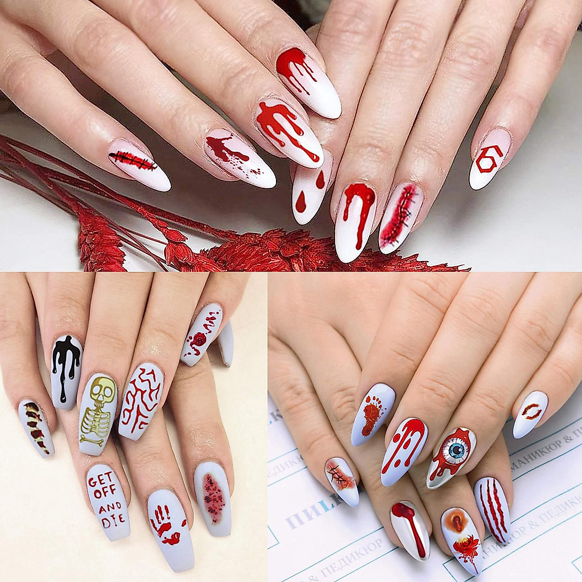 COKTAK 6 Sheets Halloween Style Nail Art Stickers Decals for Women Manicure, Funny Self-Adhesive Skull Skettlon Ghost Nail Decals Stickers, Blood Scar Wound Snake Nail Decoration Accessories Supplies