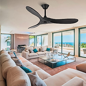 YCGU 60'' Black Ceiling Fan No Light, Outdoor Indoor Wood Ceiling Fan with Remote Control, 3 Solid Wood Blades, Noiseless Reversible Motor, 6-Speed, Easy Install System (60-Inch, Matte Black)