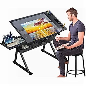 Gynsseh Glass Drafting Table Drawing Table with Stool and Storage, Height Adjustable Art Table for Adults/Artists, Tiltable Tabletop Art Desk Painting Table for Reading Writing Drawing