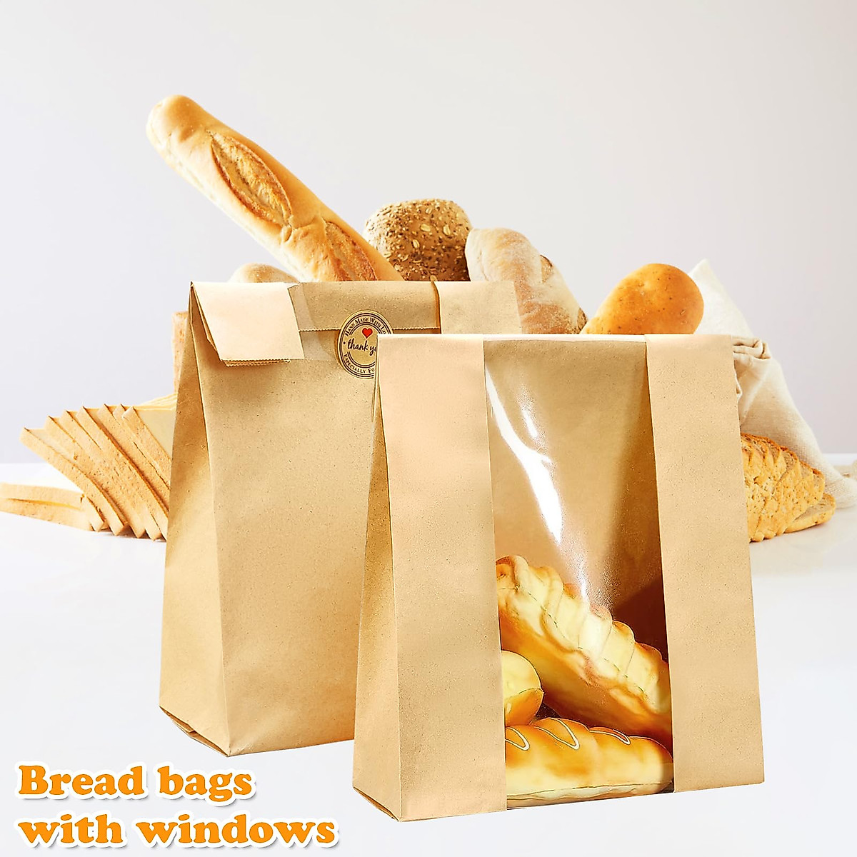 50 Pack Kraft Sourdough Bread Bags with Thank You Stickers,Large Paper Bakery Bags with Clear Window for Homemade Bread, Baked Food Packaging Storage,Bread Bags(13.7x8.2x3.5 inch) (Brown)