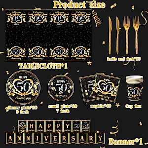 50th Anniversary Decorations Tableware Set, 142Pcs Black Gold 50th Anniversary Plates and Napkins,Cups,Banner,Happy 50th Anniversary Tablecloth for 50th Wedding Anniversary Party Supplies