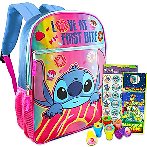 Disney Bundle Stitch School Supplies Bundle Lilo and Stitch School Bag Set - 4 Pc Stitch Backpack for Girls with Monster Stickers, Hibiscus Stampers, and More (Stitch School Backpack)