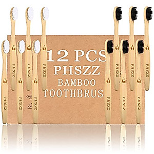 PHSZZ 12 Pack Bamboo Toothbrushes, Natural Eco-Friendly Soft Bristles Bamboo Toothbrush, BPA Free Biodegradable Compostable Charcoal Organic Green Wooden Toothbrushes, Numbered for Easy Recognition