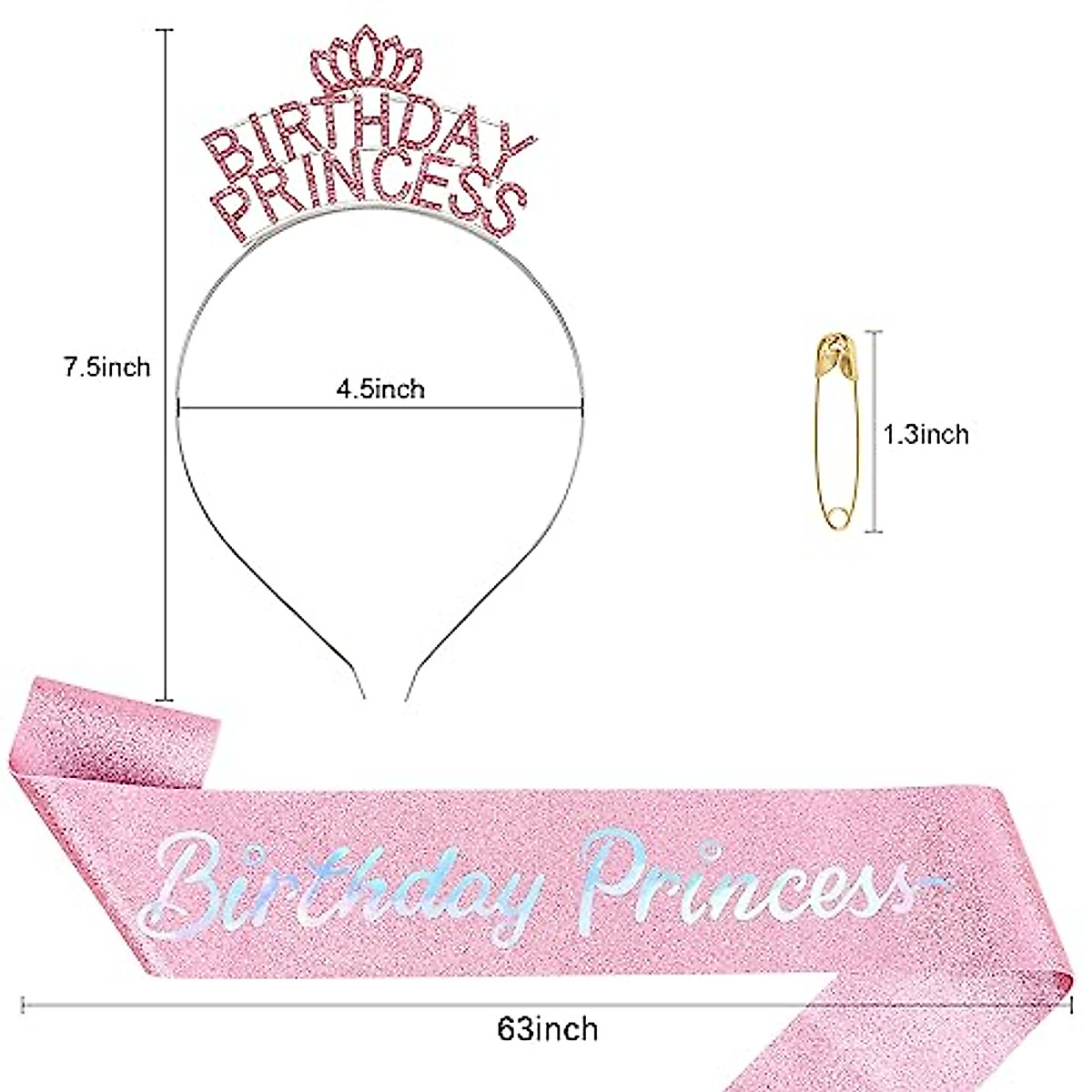 Ondder Birthday Sash for Women Pink Birthday Princess Crown Birthday Tiara for Girls Birthday Girl Headband Happy Birthday Party Supplies Birthday Girl Glitter Sash Birthday Headband Birthday Decorations