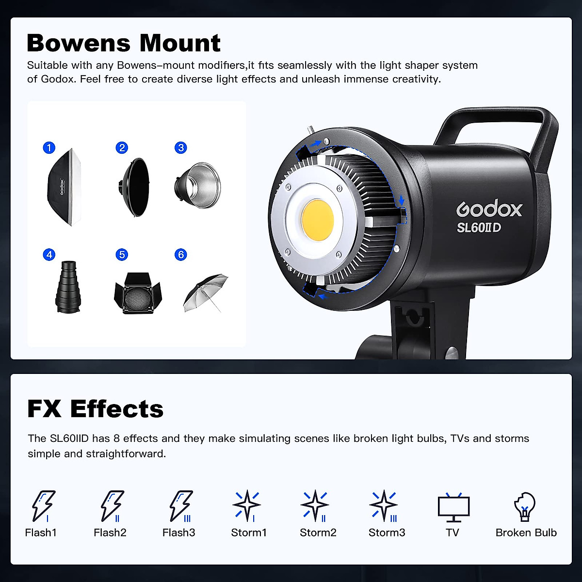 Godox SL60IID LED Video Light,60Ws White 5600K Version Countinuous Output Lighting with Bowens Mount,CRI 96+ TLCI97+,for Video Recording Wedding Product Photo... (3 Pack)