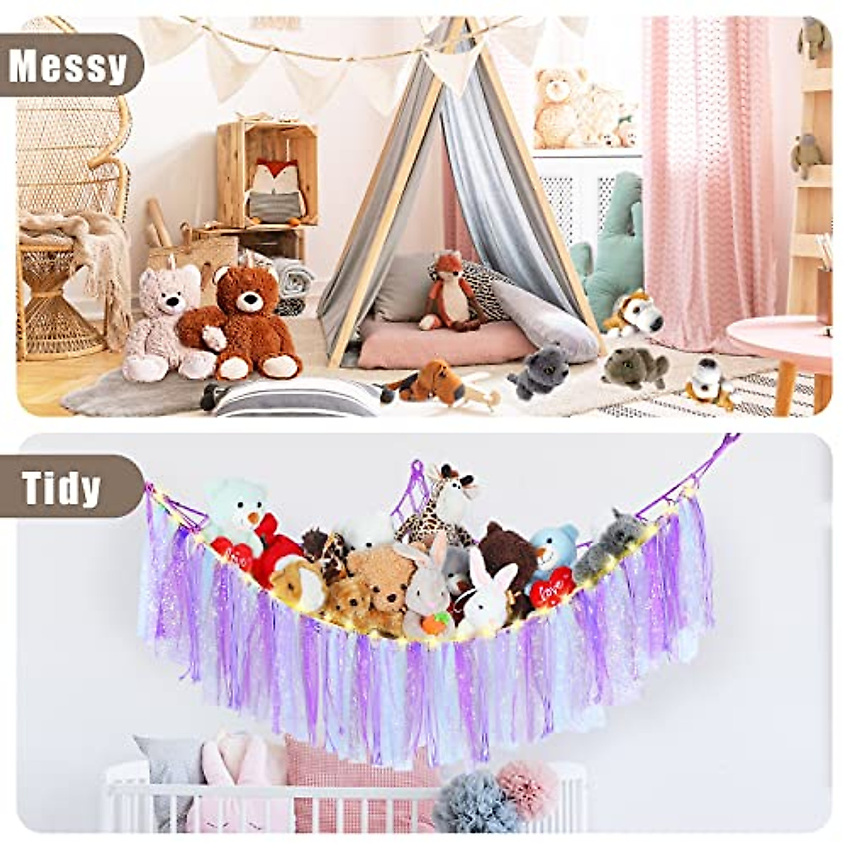2 Packs Stuffed Animal Net or Hammock with LED Light Plush Toy Hammock Stuffed Animal Storage Holder Hanging Kids Toy Organizers and Storage Net with Tassels for Kids Bedroom Nursery Play Room Decor