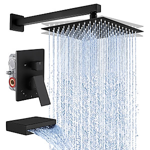 KES Tub and Shower Faucet Set Shower System with 10-Inch Rain Shower Head and Waterfall Tub Faucet Wall Mount Shower Valve and Trim Kit Included Matte Black, XB6240-BK