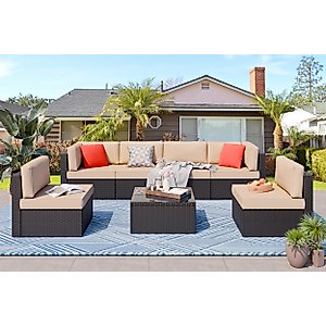 Vongrasig 7 Pieces Outdoor Patio Furniture Sets, Outdoor Sectional Rattan Sofa, PE Manual Weaving Wicker Patio Conversation Set with Cushion, Glass Table, Red Pillow (Beige)