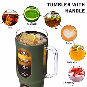 Zibtes 40 oz Glass Tumbler with Lid and Straws, Motivational Water Bottle with Time Marker and Silicone Protective Cover, Iced Coffee Cup with Handle,(Army Green)