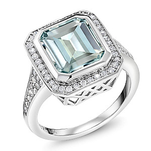 Gem Stone King 925 Sterling Silver Simulated Aquamarine Ring For Women | 5.00 Cttw | Emerald Cut 11X9MM | Available In Size 5, 6, 7, 8, 9
