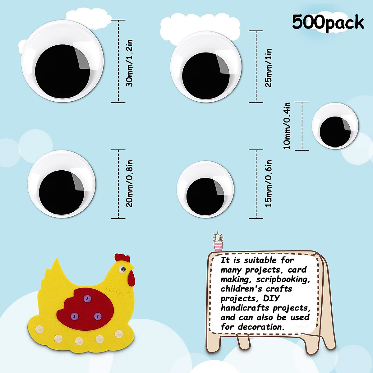 JULMELON 500 Pieces Wiggle Googly Eyes Self Adhesive Black White Craft Eyes for DIY Crafts Decoration (0.4 in, 0.6 in, 0.8 in, 1 in, 1.2 in)