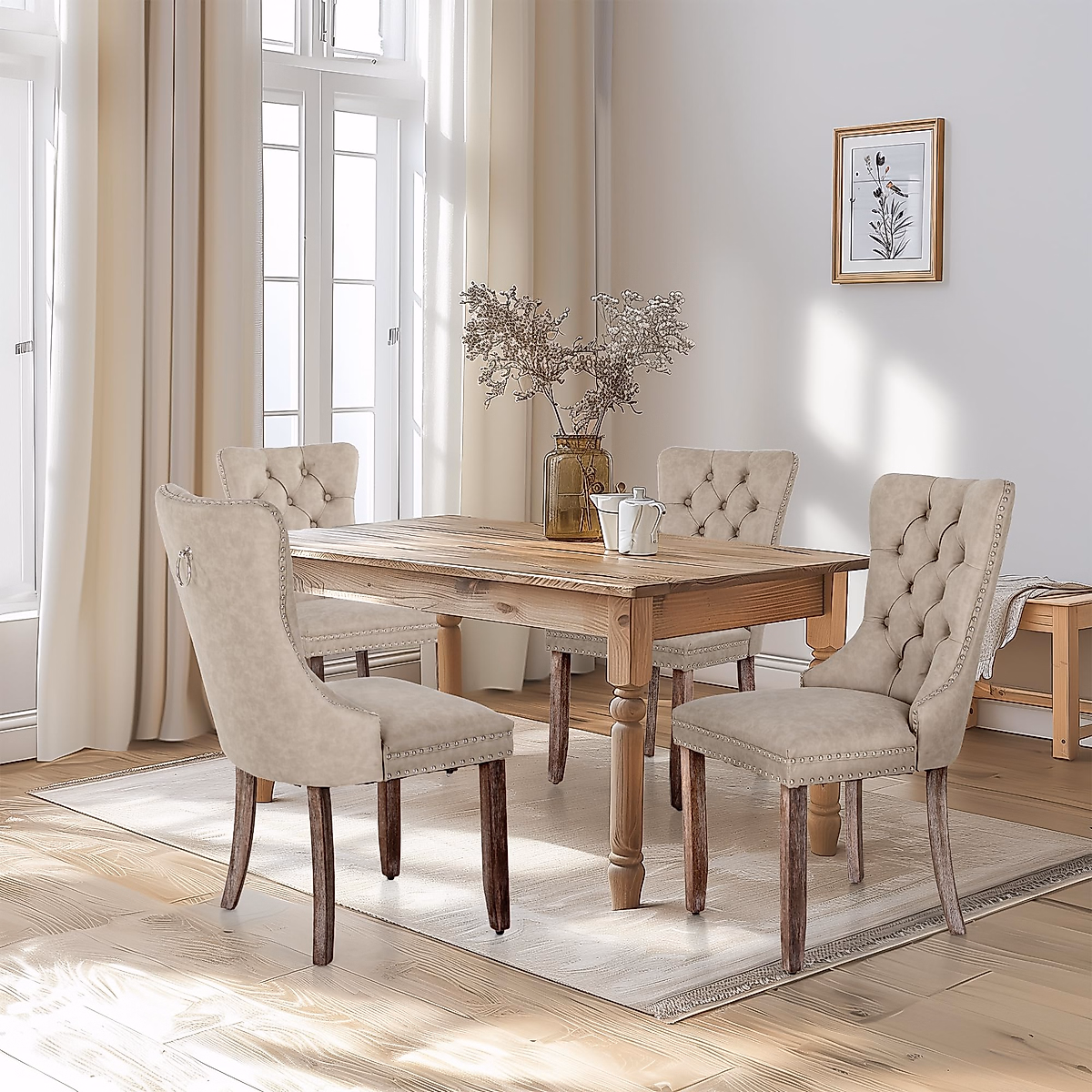 ALPHA HOME Dining Chairs Set of 2, Upholstered Dining Room Chairs, Tufted Kitchen Chairs with Solid Wood Legs and Tall Backrest, Fabric Padded Parson Chairs, Beige