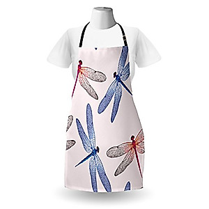 Ambesonne Dragonfly Apron, Dragonfly Forms High Detailed Ornate Irregular Macro Retro Simplistic Print, Unisex Kitchen Bib with Adjustable Neck for Cooking Gardening, Adult Size, Pink Blue