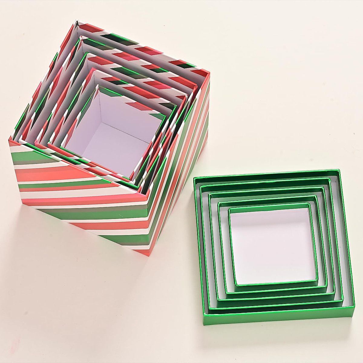 PAPER FAIR 5PCS Christmas Nesting Gift Boxes with Lid, Xmas Nested Box Set, 5 Sizes, Square Stackable, Green Red Stripe Paper Box Tower Décor with Satin Ribbon, for Holiday Thanksgiving New Year