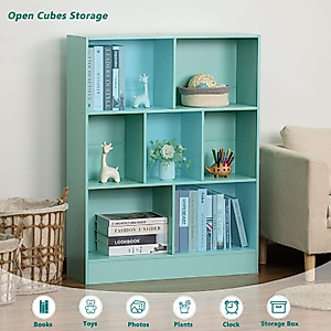 LEYAOYAO 7 Cube Bookshelf with Base,3 Tier Modern Mint-Green Kids Bookcase,Standing Wide Bookshelves Storage Organizer Toy Shelf,Wood Display Children's Book Shelves for Bedroom,Living Room,Nursery