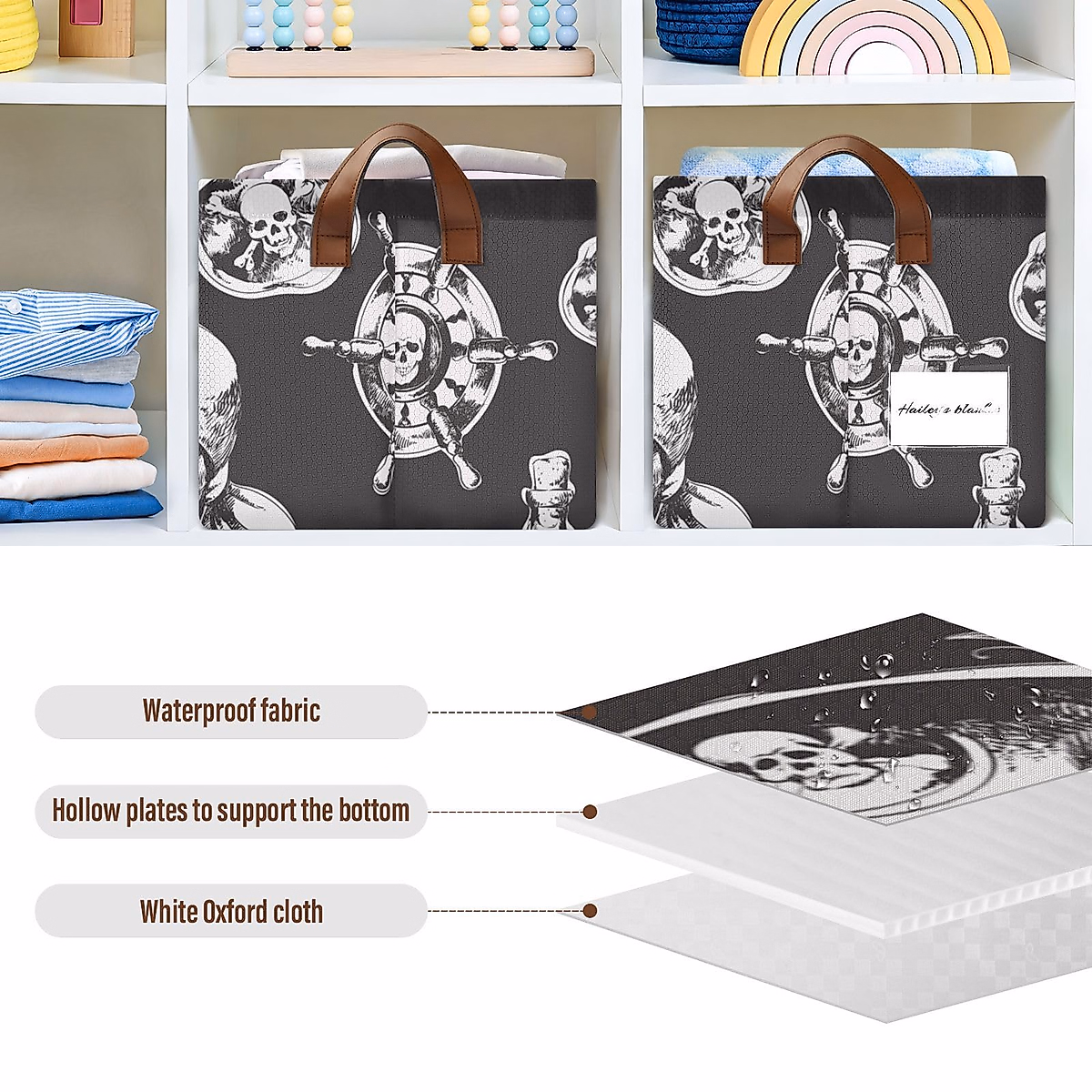 PDZRMY Open Storage Bin Pirate Skull Black Large Foldable Storage Box Storage Basket Organizer Bins with Leather Handles for Shelf Closet Bedroom Living Room Office Home 1 Pack