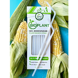 BIOPLANT 100 Pack Plant-based Corn Biodegradable Straws. Flexible Bendable Bendy Straws, Plastic-Free disposable straws. Eco Friendly alternative to Plastic Straws & Not Soggy like Paper Straws