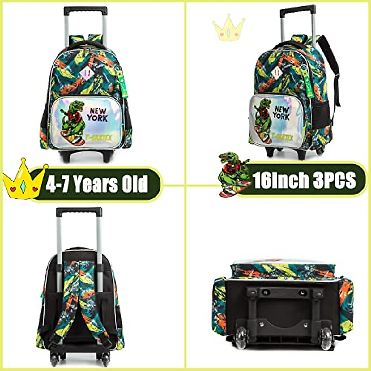 Rolling Backpack for Girls Boys Wheels Backpacks for Kids Luggage Trolley School Backpack with Lunch Box and Pencil Case for Elementary Preschool Students Dinosaur